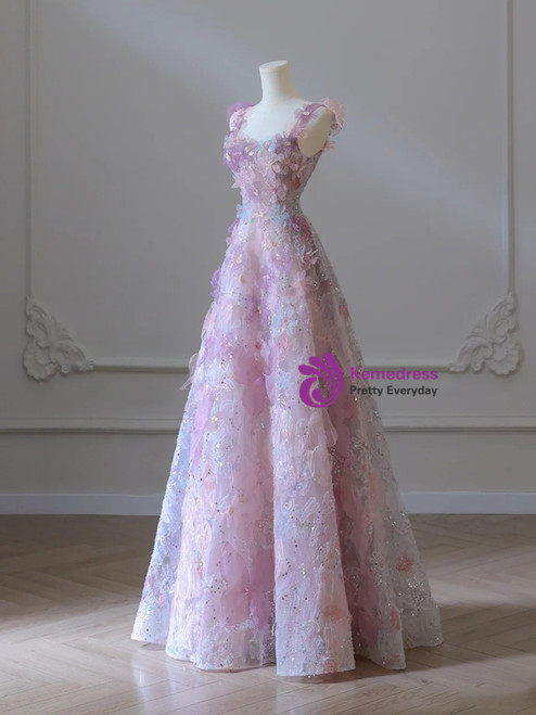Pink Tulle Flower Princess Prom Dress