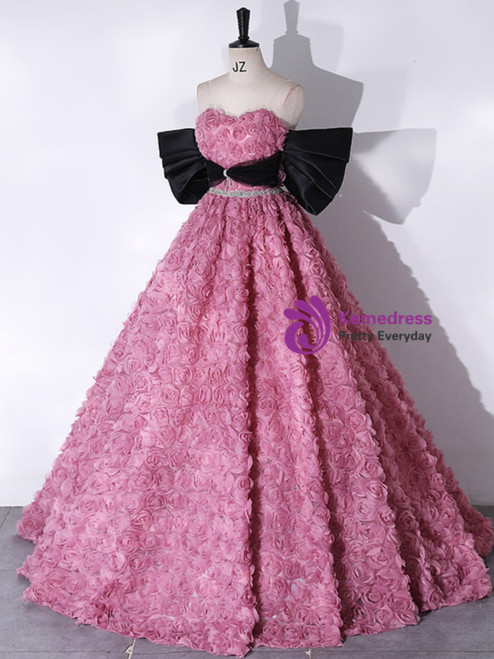 Pink Rose Flower Strapless Prom Dress