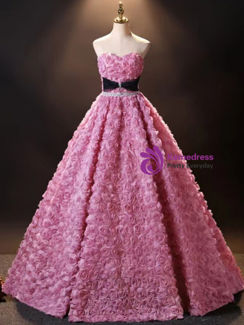 Pink Rose Flower Strapless Prom Dress