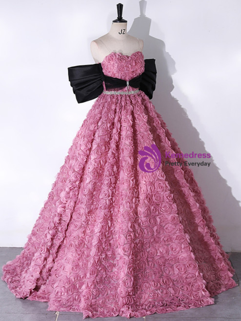 Pink Rose Flower Strapless Prom Dress