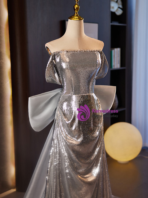 Silver Sequins Off the Shoulder Pleats Prom Dress
