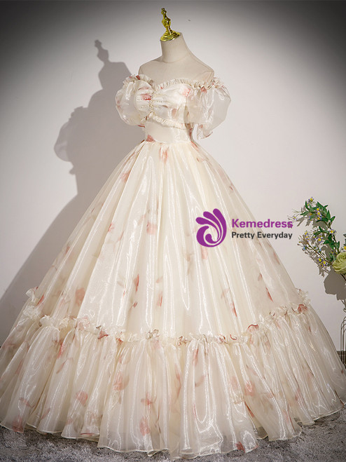 Champagne Tulle Print Off the Shoulder Beading Quinceanera Dress