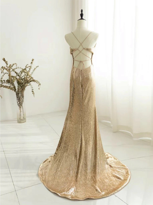 Sexy Champagne Mermaid Sequins Spaghetti Straps Prom Dress