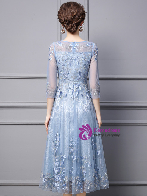Blue Tulle Lace Short Sleeve Mother Of The Bride Dress