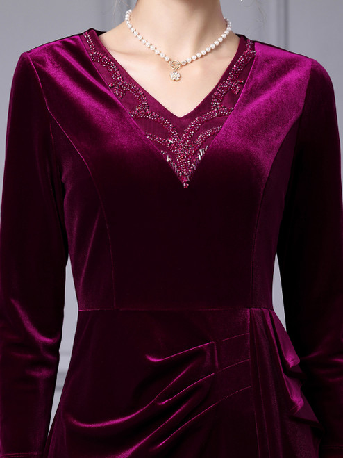 Burgundy Velvet Long Sleeve Crystal Mother of the Bride Dress