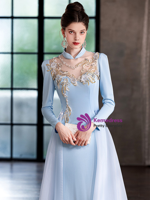 Blue Long Sleeve Beading Prom Dress
