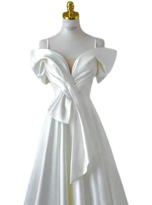 White Satin Spaghetti Straps Wedding Dress