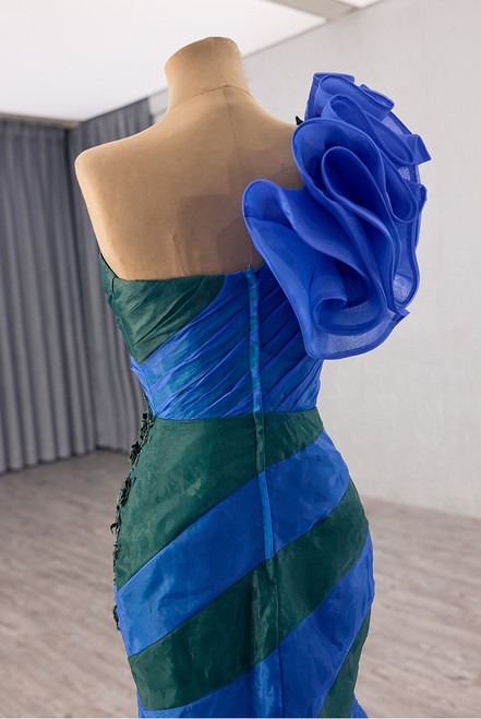 Green Blue Mermaid One Shoulder Pleats Appliques Prom Dress