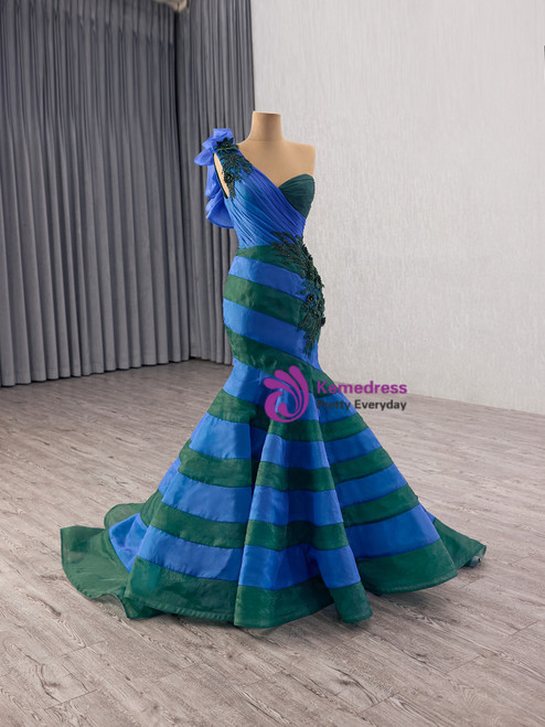 Green Blue Mermaid One Shoulder Pleats Appliques Prom Dress