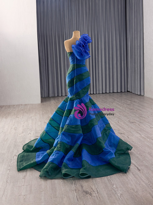 Green Blue Mermaid One Shoulder Pleats Appliques Prom Dress