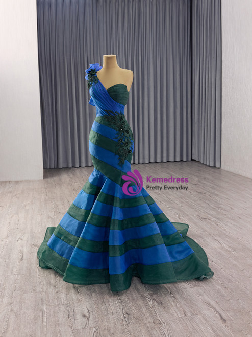 Green Blue Mermaid One Shoulder Pleats Appliques Prom Dress