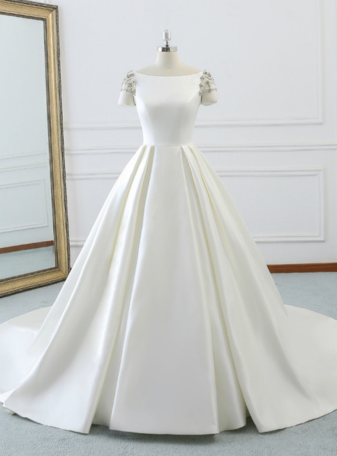 White Satin Cap Sleeve Backless Wedding Dress With Pearls