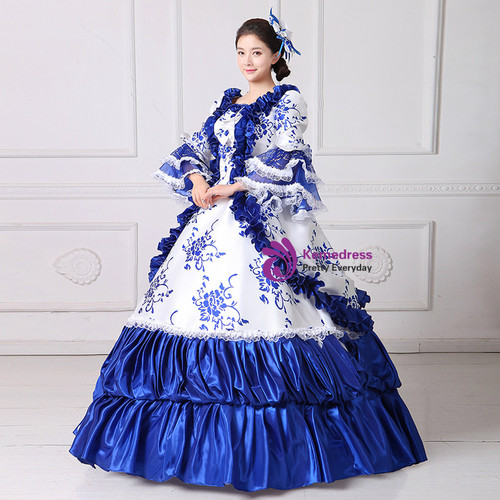Blue White Ball Gown Satin Print Puff Sleeve Vintage Gown Dress