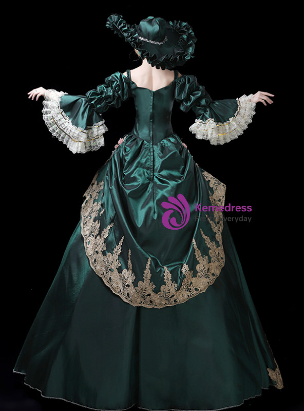 Green Satin Flower Appliques Drama Show Vintage Gown Dress