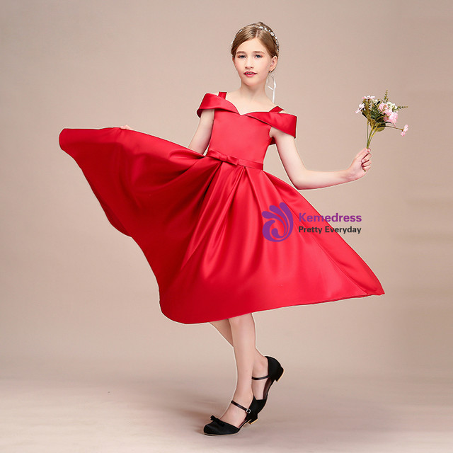 Red Satin Straps Short Tea Length Flower Girl Princess Dress