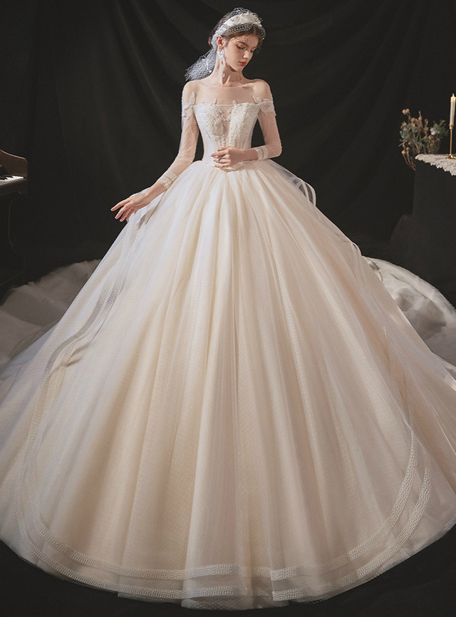 Ball Gown Ivory Tulle Long Sleeve Backless Wedding Dress
