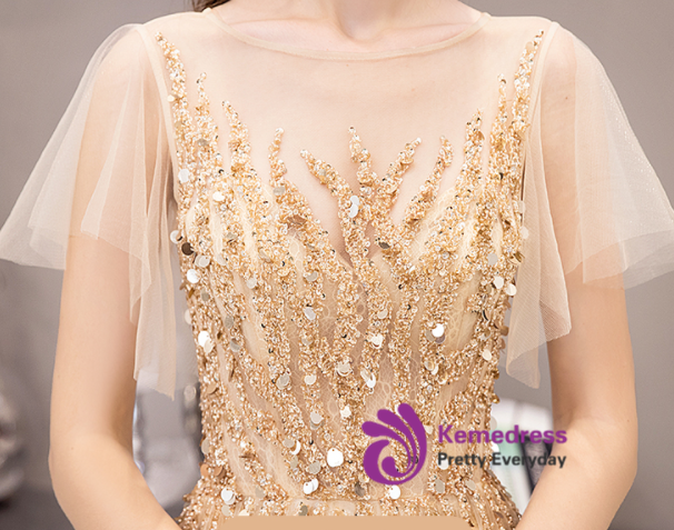 Gold Tulle Short Sleeve Beading Sequins Formal Prom Dress