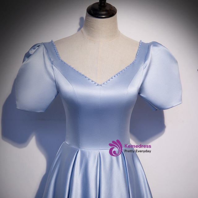 Blue Satin Puff Sleeve Pearls Beading Prom Dress