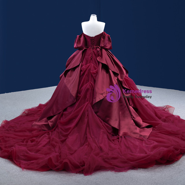 Burgundy Tulle Satin Puff Sleeve Prom Dress