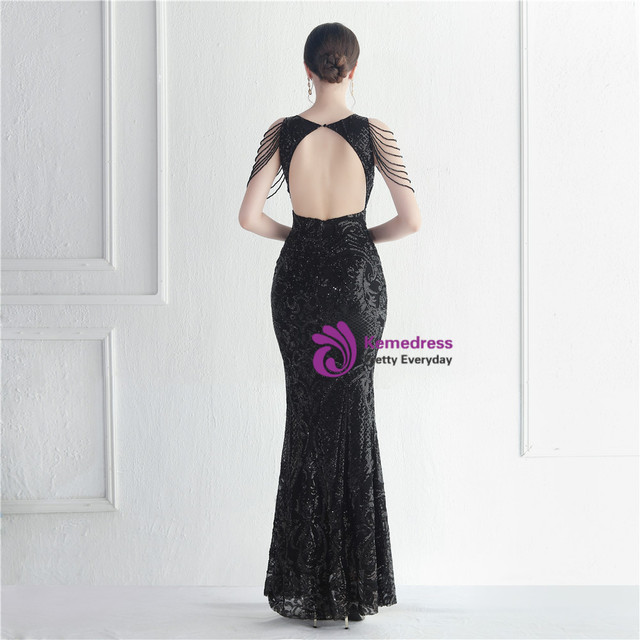 In Stock:Ship in 48 Hours Black Mermaid Open Back Beading Party Dress
