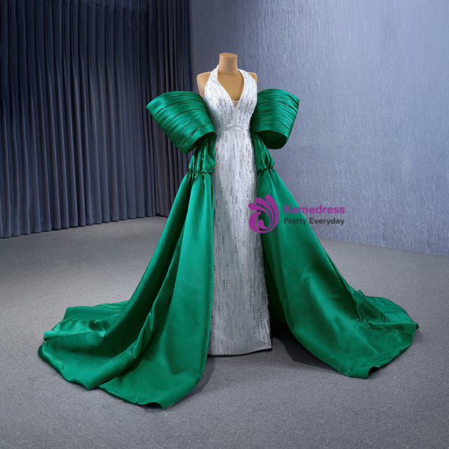 White V Neck Sequins Beading Green Satin Prom Dress