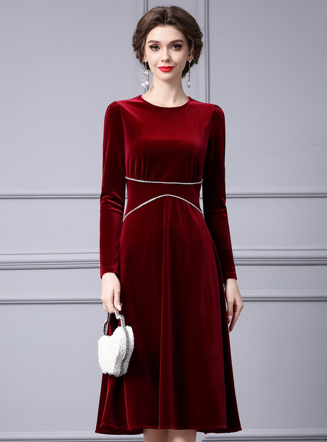 Burgundy Velvet Long Sleeve Beading Mother Of The Bride Dress