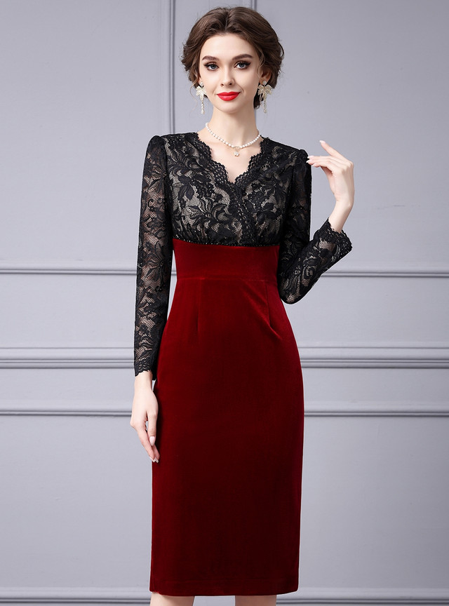 Black Lace Velvet Long Sleeve Mother of the Bride Dress