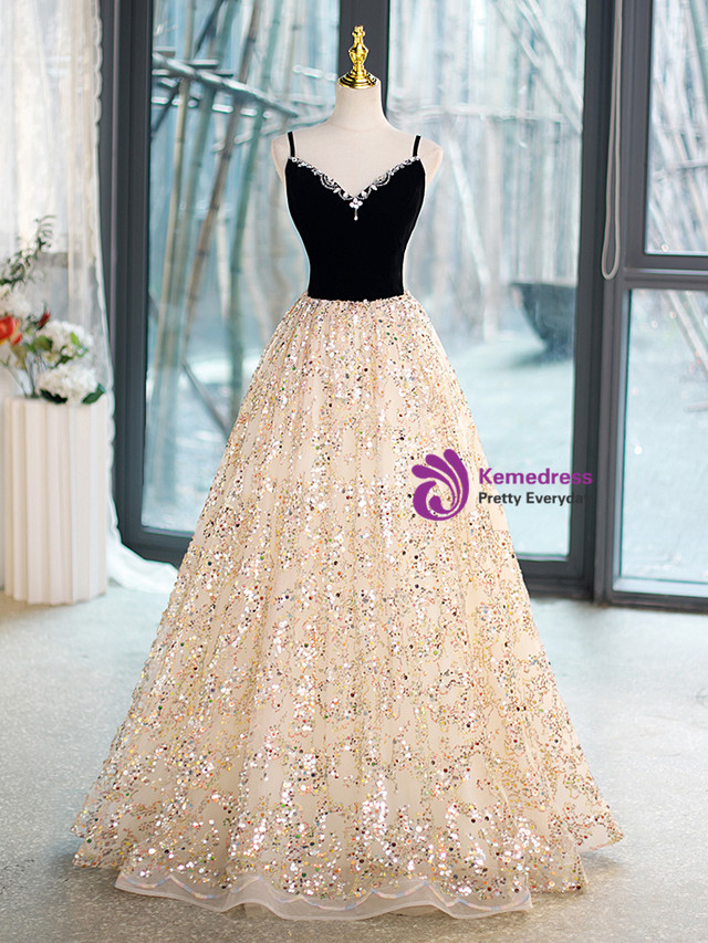Champagne Tulle Sequins Black Velvet Crystal Quinceanera Dress