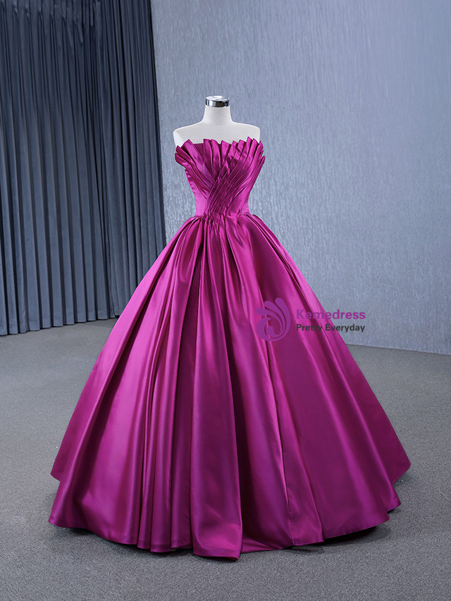 Fuchsia Satin Strapless Pleats Prom Dress
