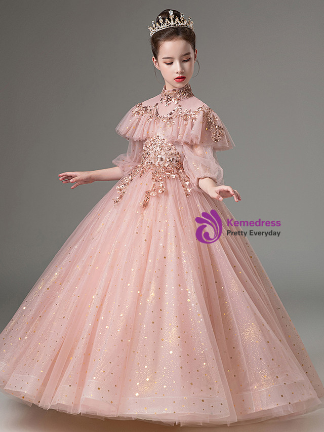 Pink Tulle Sequins Beading Princess Flower Girl Dress