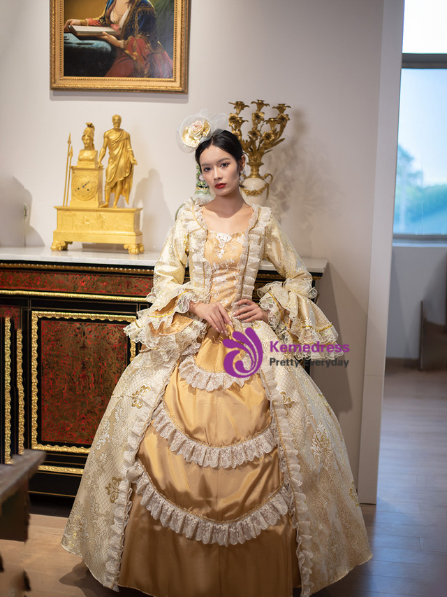 Gold Long Sleeve Lace Rococo Baroque Vintage Dress