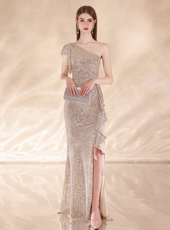 Silver Sequins One Shoulder Prom Dress