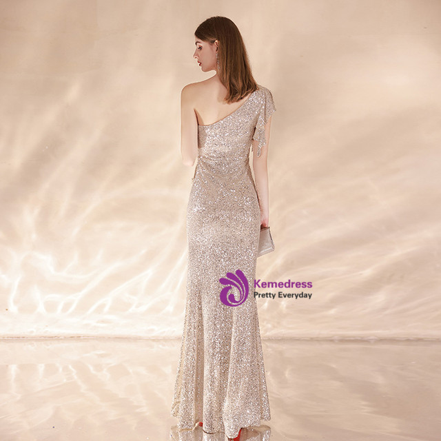 Silver Sequins One Shoulder Prom Dress