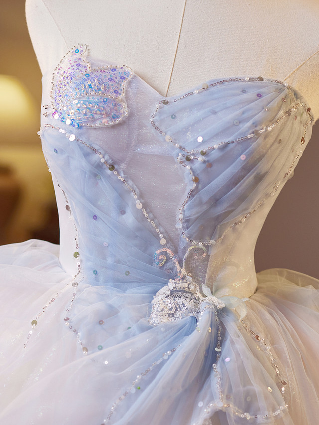Light Blue Tulle Strapless Pleats Homecoming Dress