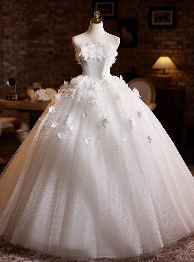 White Tulle Straps 3D Flower Wedding Dress