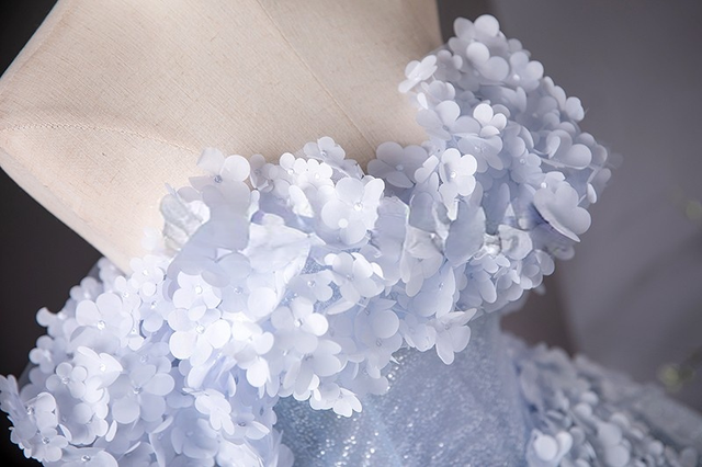 Blue Gray Tulle Sequins Flower Quinceanera Dress