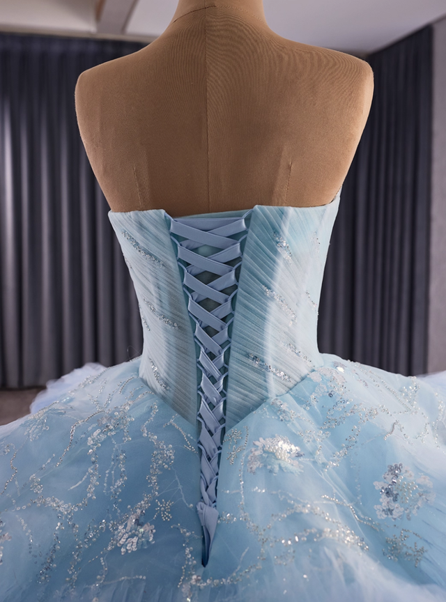 Sky Blue Tulle Sequins Strapless Beading Prom Dress