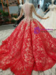 Red Ball Gown Lace Long Sleeve Luxury Wedding Dress With Beading