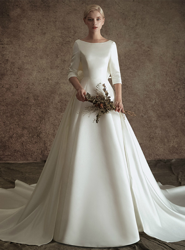 White Ball Gown Satin Long Sleeve Wedding Dress With Beading