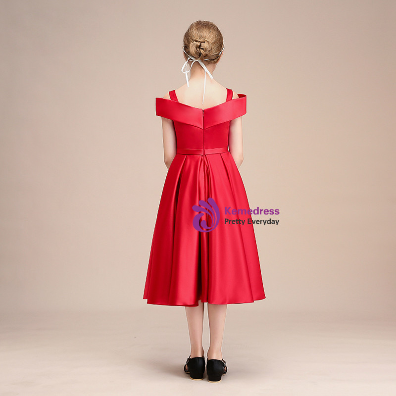 Red Satin Straps Short Tea Length Flower Girl Princess Dress