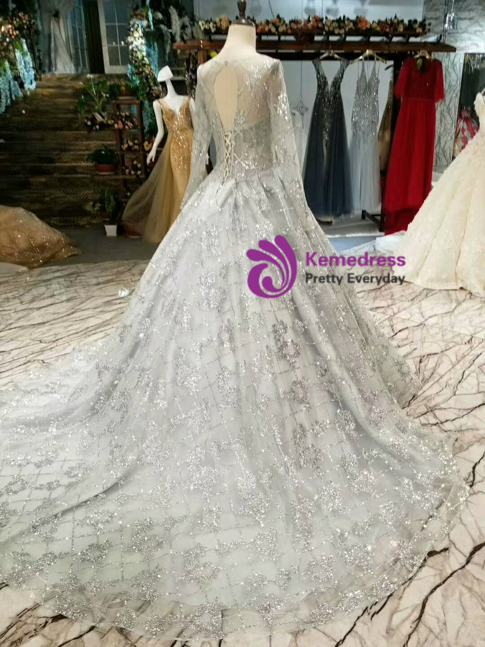 Silver Gray Ball Gown Tulle Sequins Long Sleeve Backless Luxury Wedding ...