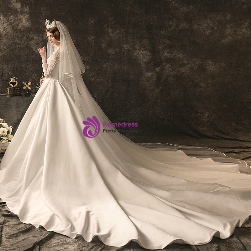 White Ball Gown Satin Long Sleeve Wedding Dress With Beading