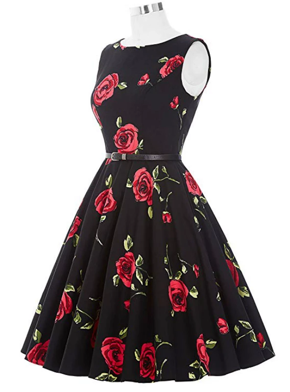 Women Black Rose Flower Short Vintage Dress With Sash - Kemedress