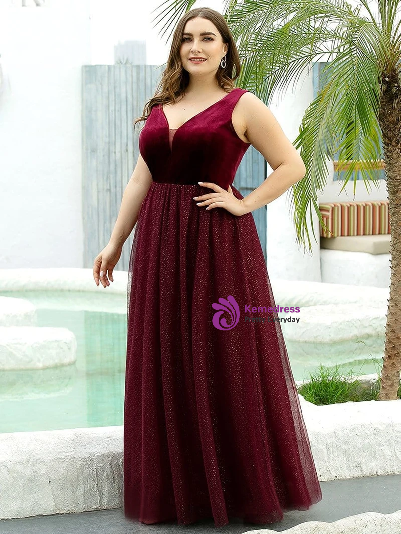Available In Sizes 0-24 Burgundy Tulle Velvet V-neck Plus Size Prom Dress