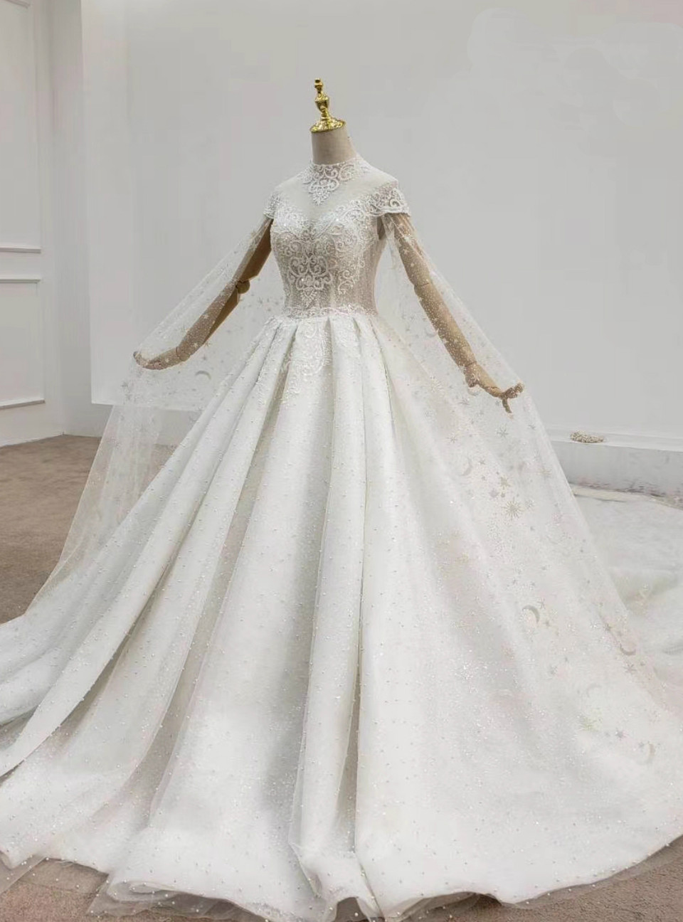 White Satin Cap Sleeve Backless Wedding Dress With Pearls
