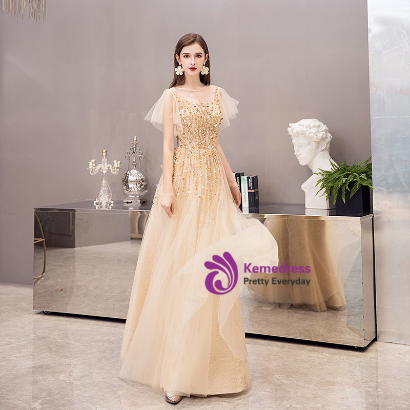 Gold Tulle Short Sleeve Beading Sequins Formal Prom Dress