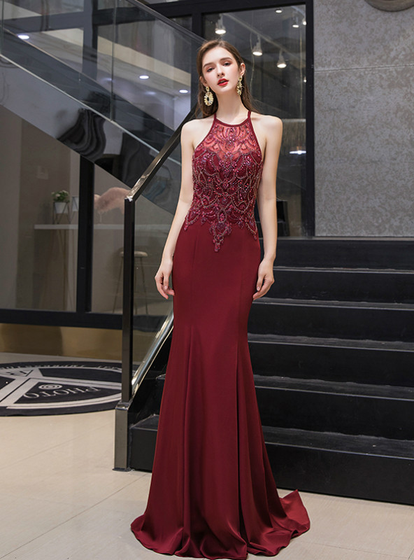 A-Line Halter Satin Backless Long Prom Dress With Pearls