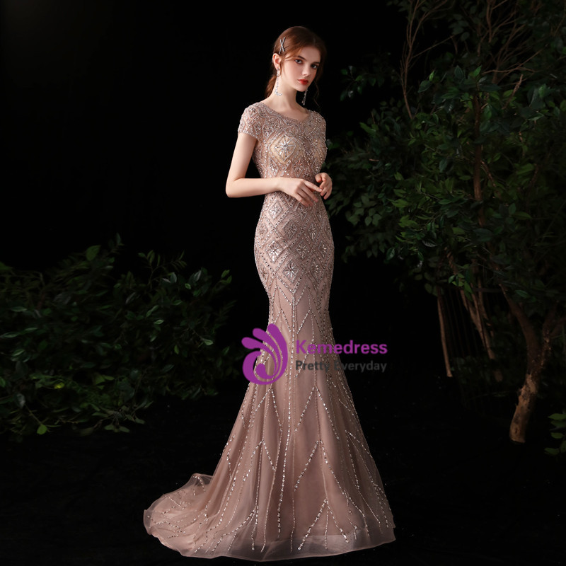 Lotus Color Mermaid Tulle Cap Sleeve Beading Prom Dress