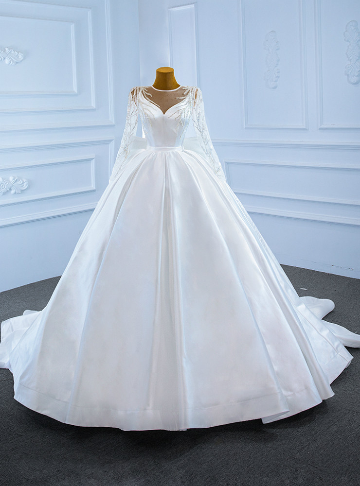White Ball Gown Satin Long Sleeve Wedding Dress With Beading