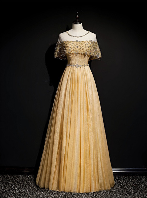 Light Blue Tulle Beading Sequins Lotus Leaf Sleeve Prom Dress